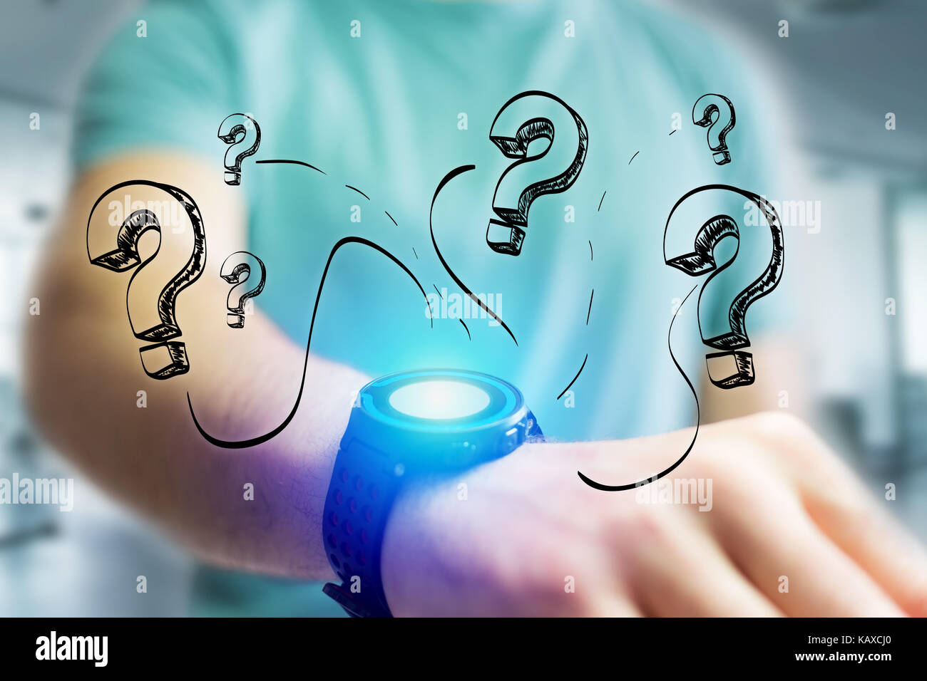 View of Hand drawn question mark icon going out a smartwatch interface ...