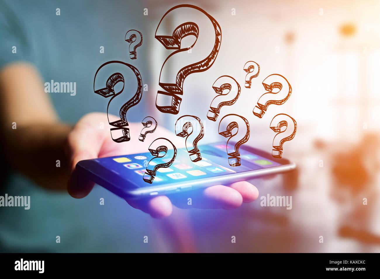 View of Hand drawn question mark icon going out a smartphone interface ...