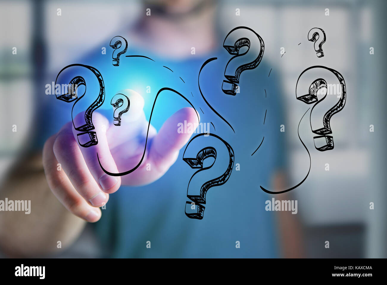 View of a Man finger touching a question mark hand drawn icon on a ...