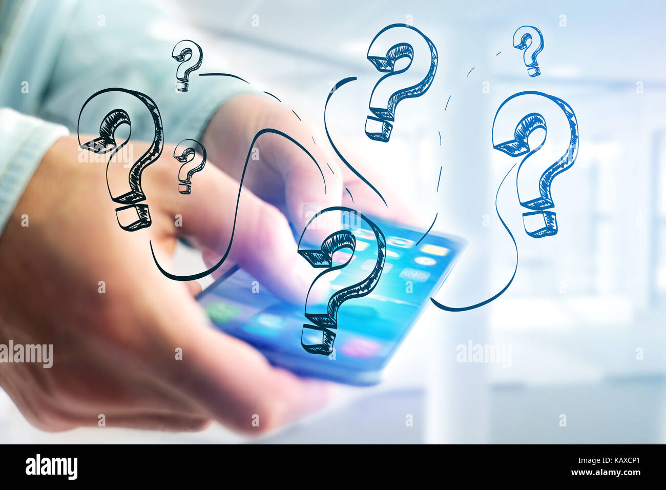 View of Hand drawn question mark icon going out a smartphone interface ...