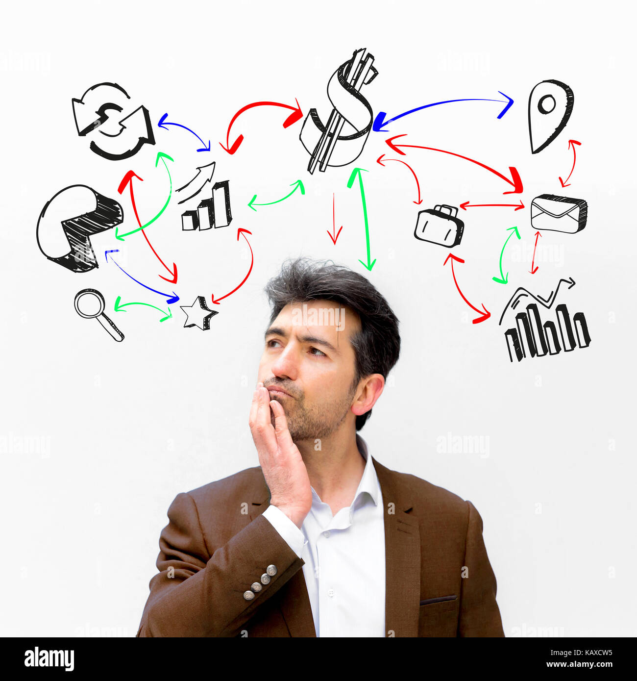 Portrait view of an attractive dubious business man with business icons ...