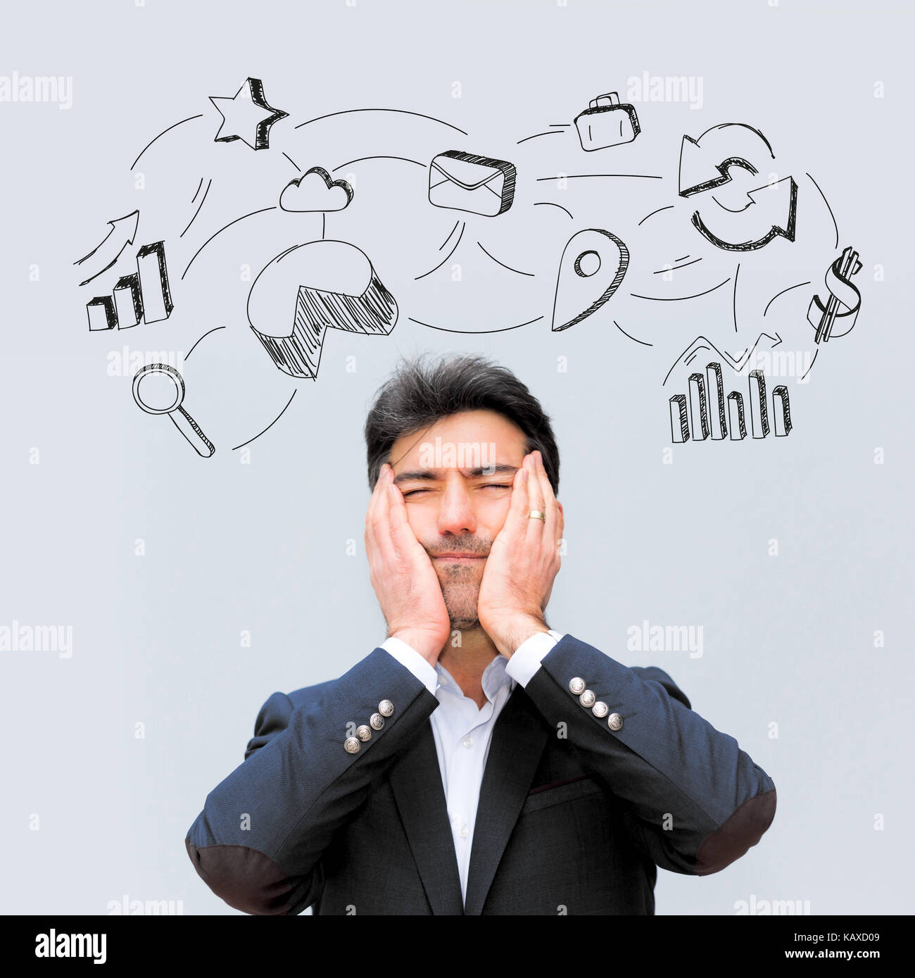 Portrait view of an attractive dubious business man with business icons ...