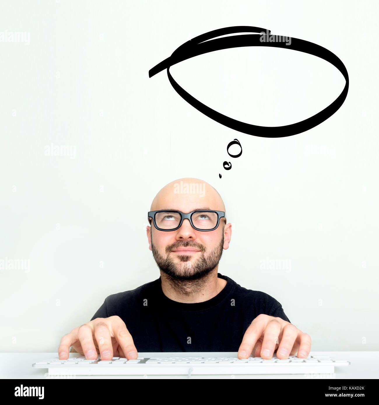 Portrait view of an attractive dubious geek man with thinking comics ...