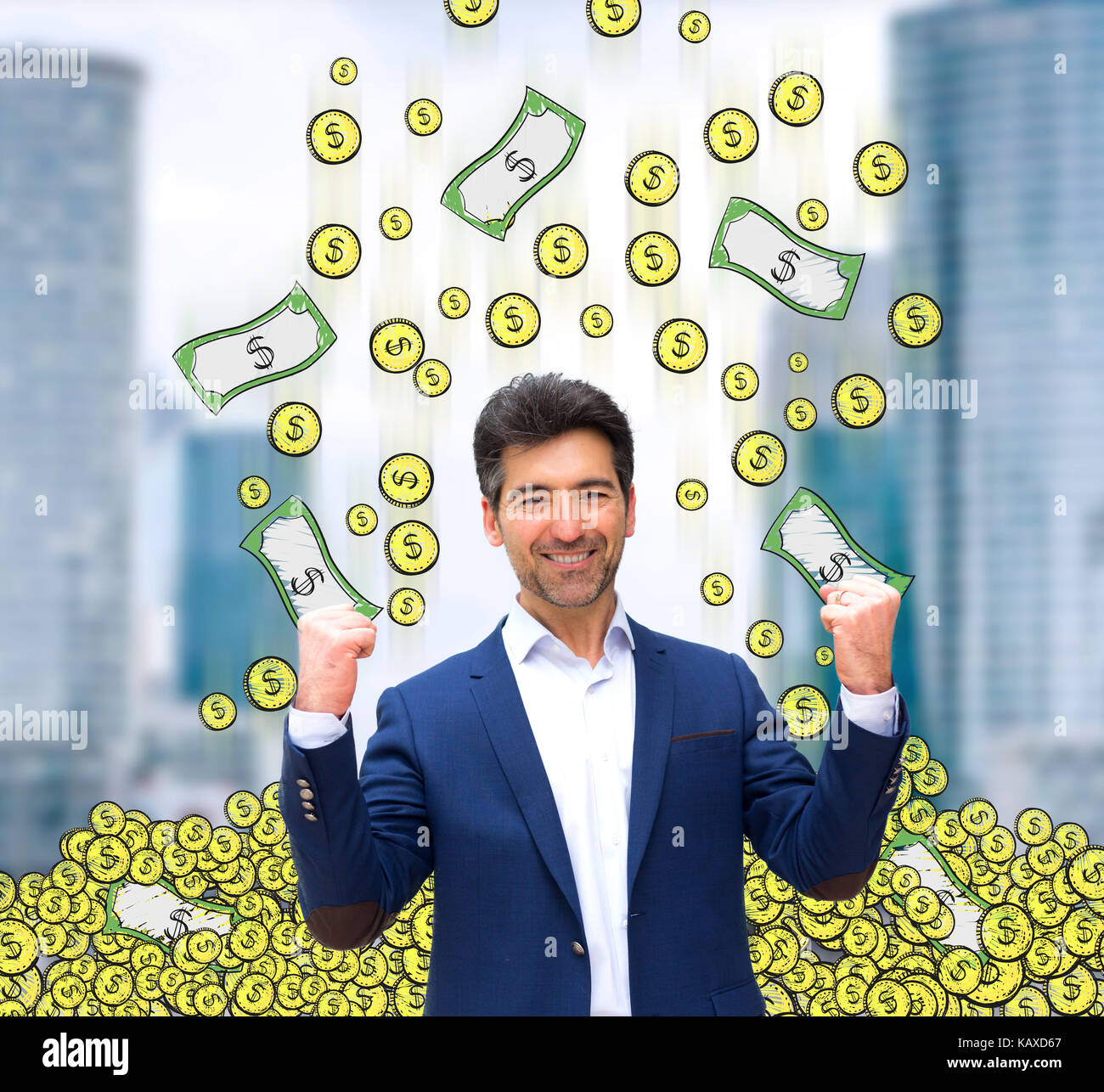Portrait view of an attractive business man winning a lot of money ...