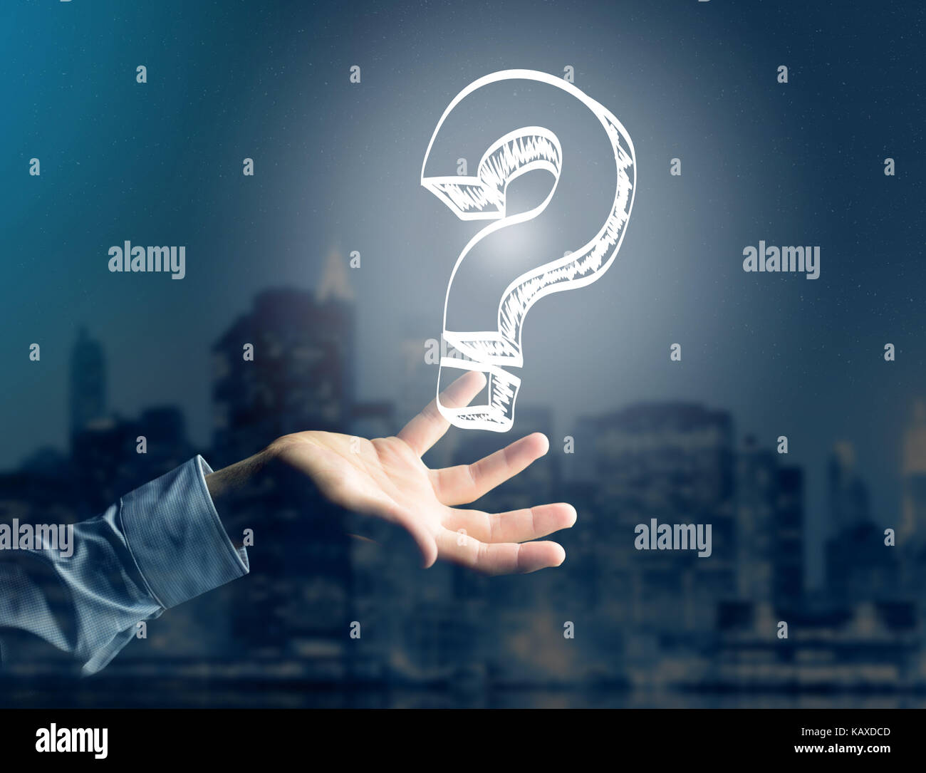 View of a Luminous question mark displayed on a futuristic interface ...