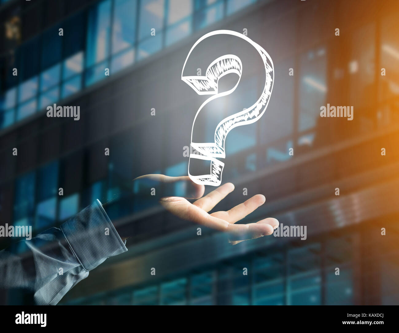 View of a Luminous question mark displayed on a futuristic interface ...