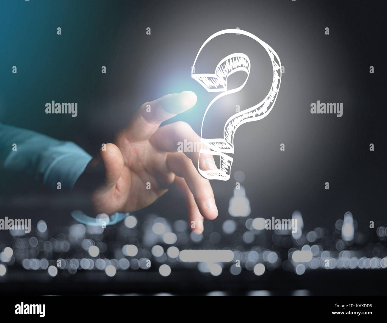 View of a Luminous question mark displayed on a futuristic interface ...