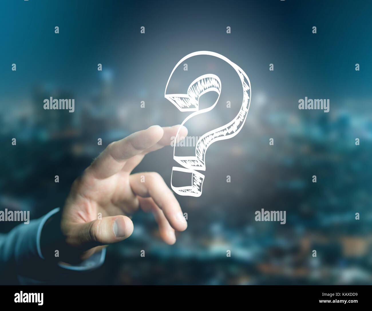 View of a Luminous question mark displayed on a futuristic interface ...