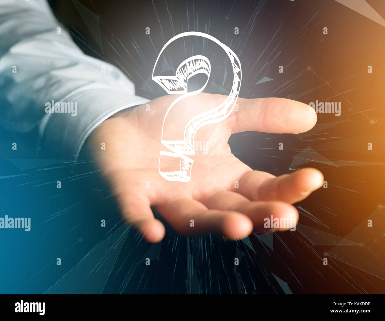 View of a Luminous question mark displayed on a futuristic interface ...