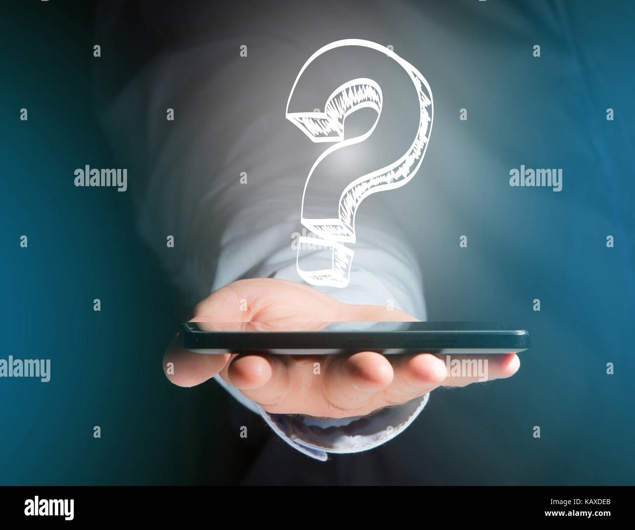 View of a Luminous question mark displayed on a futuristic interface ...