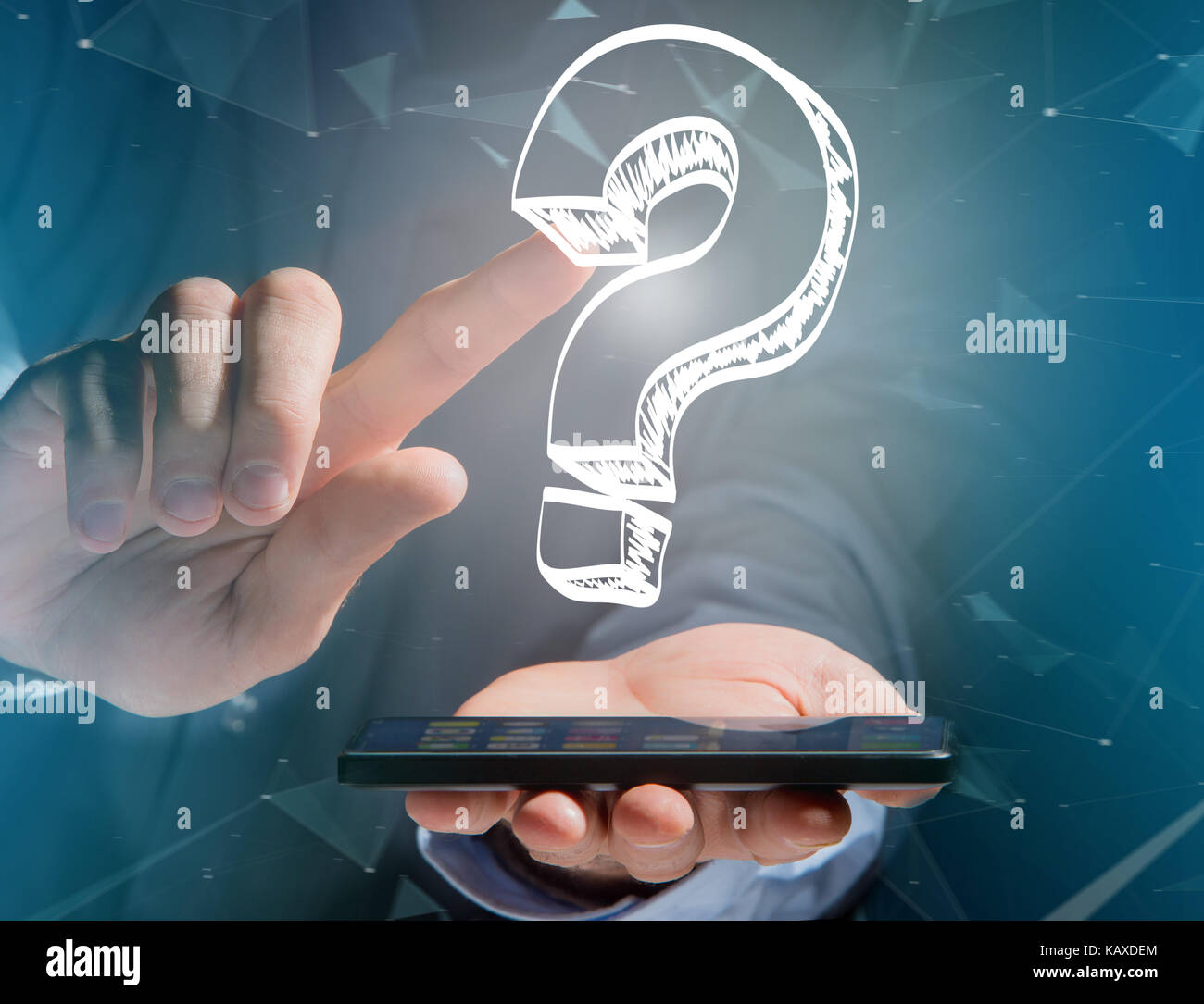 View of a Luminous question mark displayed on a futuristic interface ...