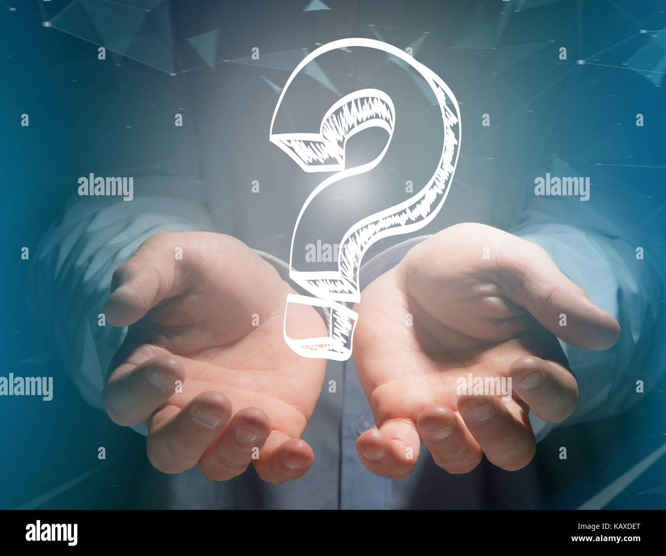 View of a Luminous question mark displayed on a futuristic interface ...