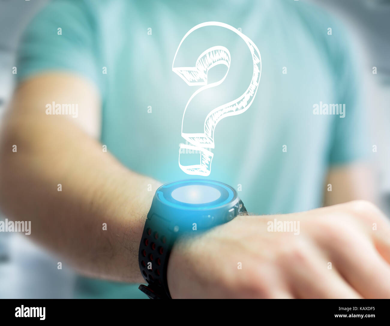 View of a Luminous question mark displayed on a futuristic interface ...