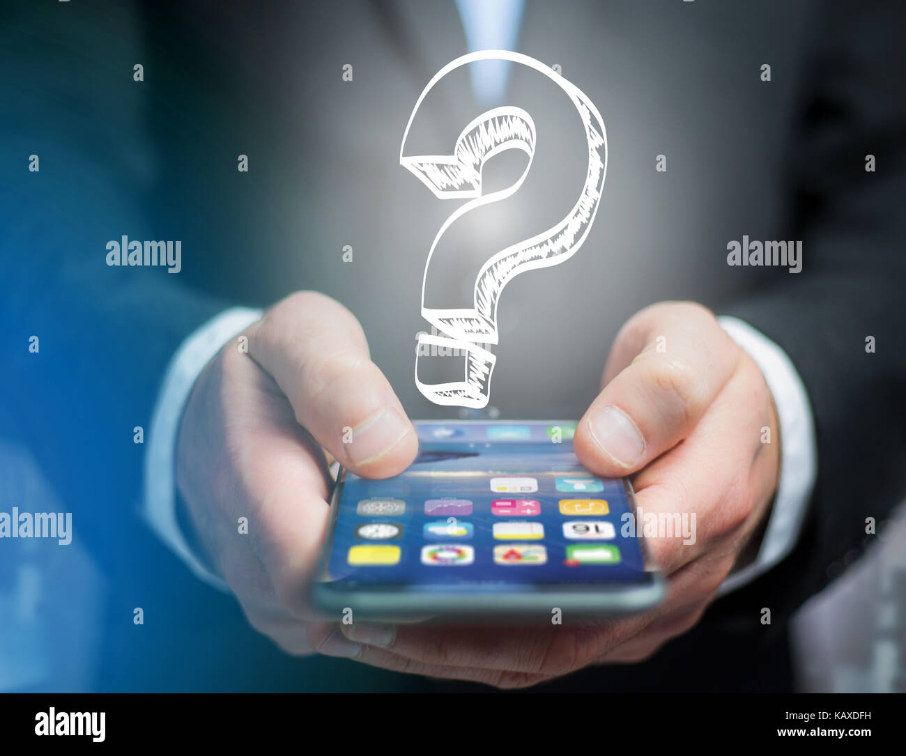 View of a Luminous question mark displayed on a futuristic interface ...