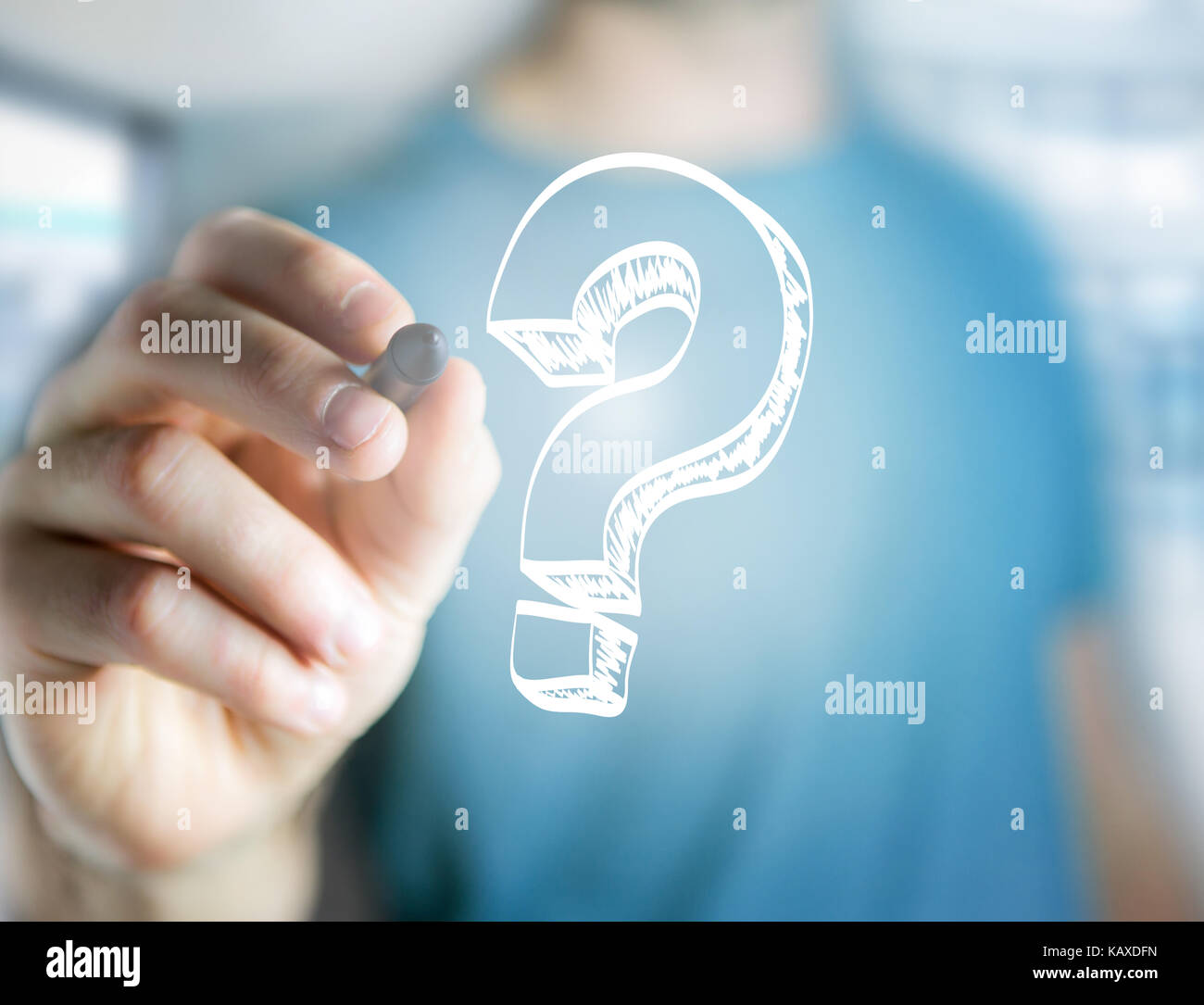 View of a Luminous question mark displayed on a futuristic interface ...