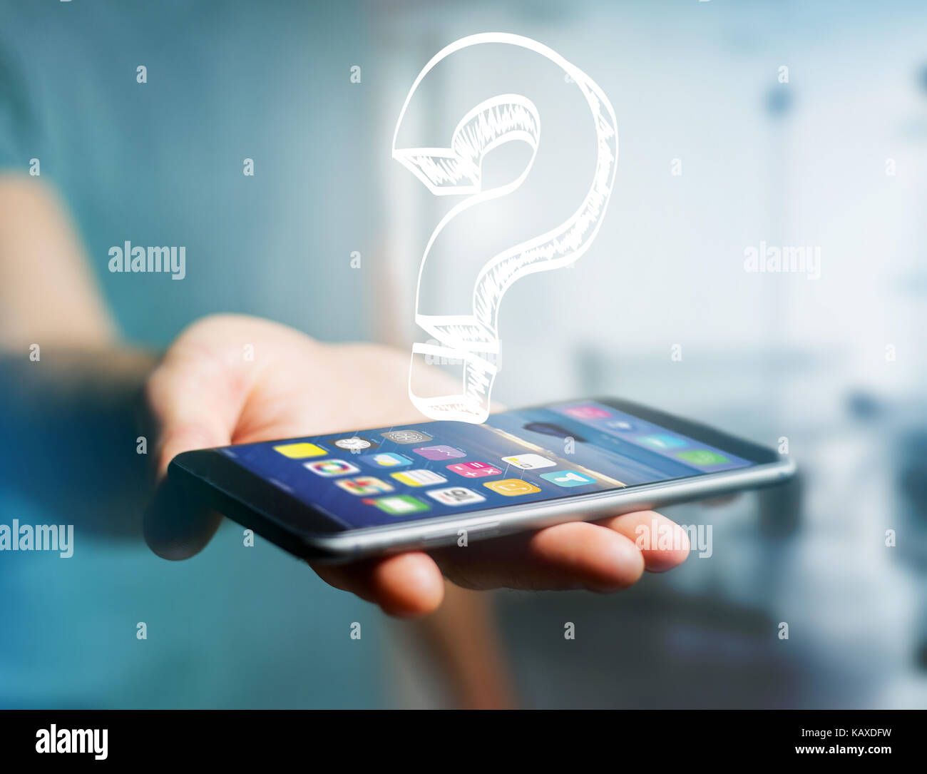 View of a Luminous question mark displayed on a futuristic interface ...