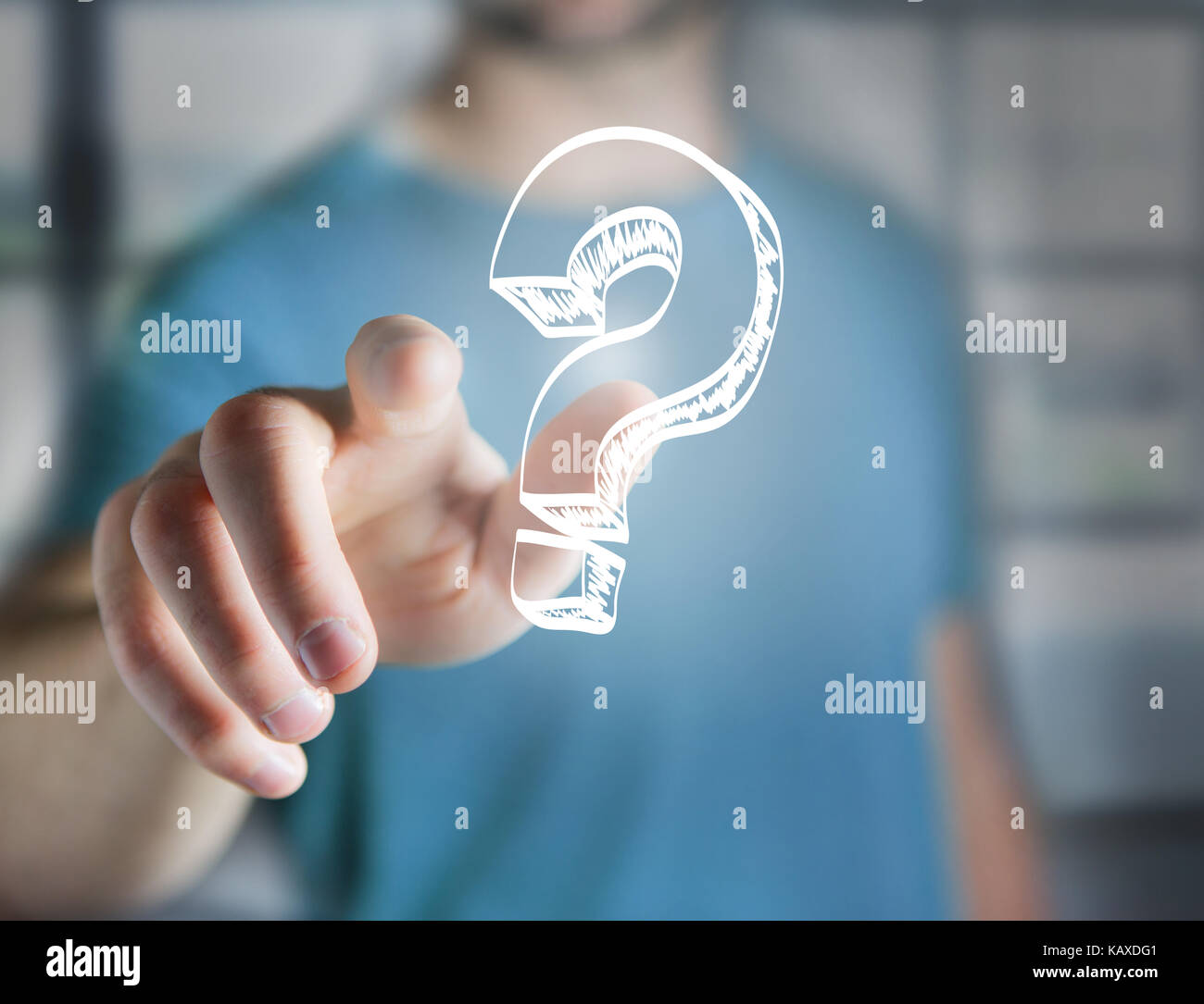 View of a Luminous question mark displayed on a futuristic interface ...