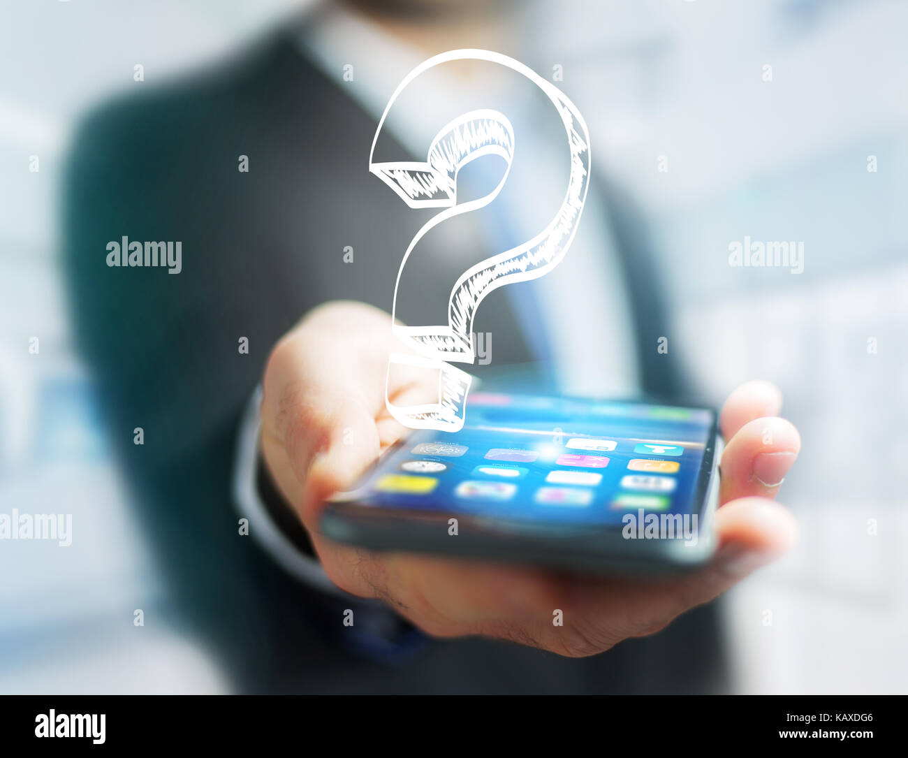 View of a Luminous question mark displayed on a futuristic interface ...