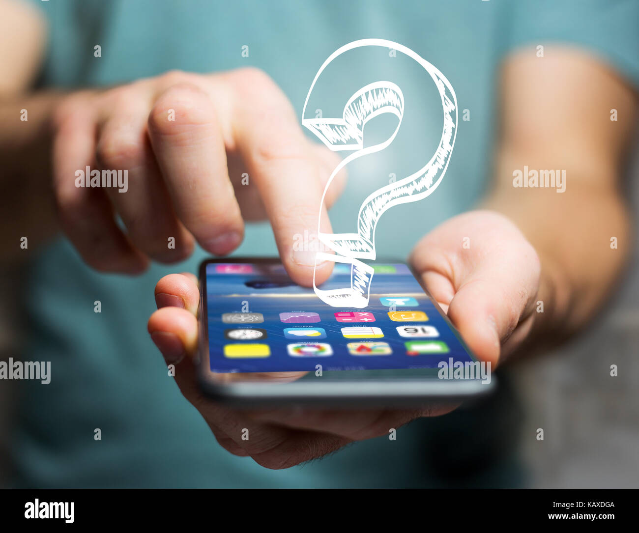 View of a Luminous question mark displayed on a futuristic interface ...