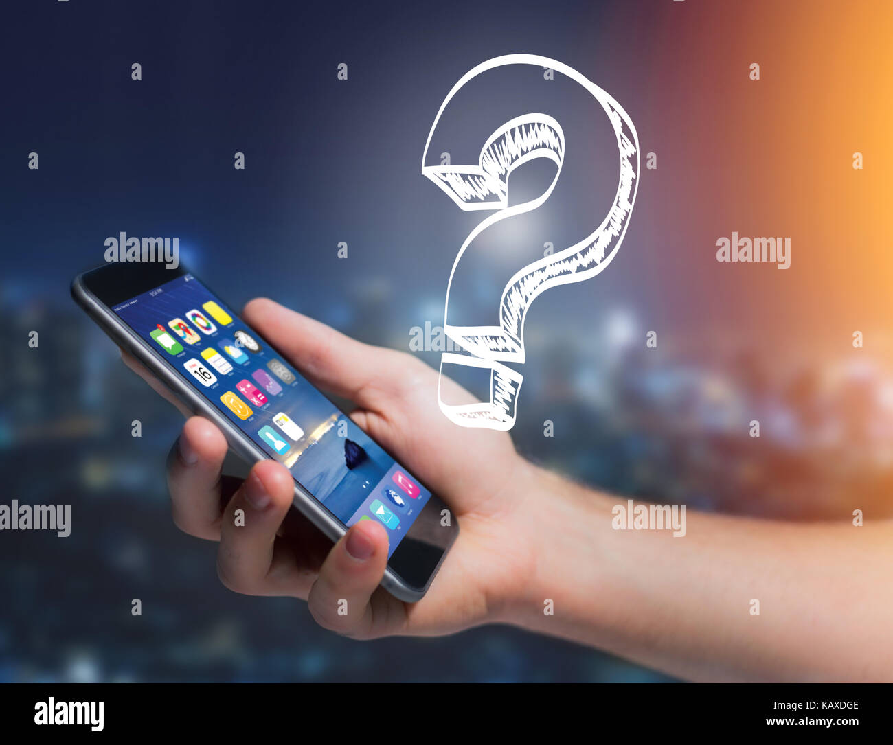 View of a Luminous question mark displayed on a futuristic interface ...
