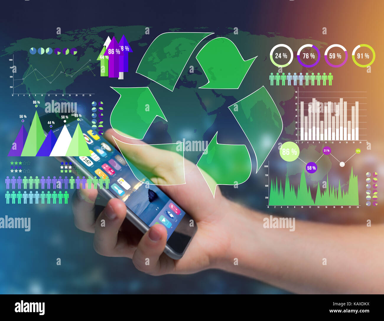 View of a Technology ecologic interface with world map on the ...