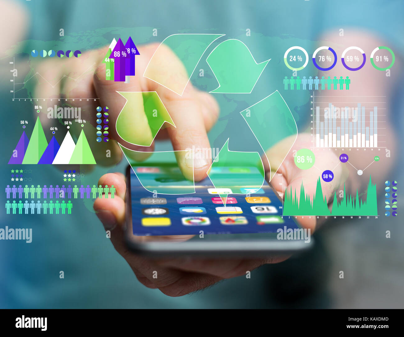 View of a Technology ecologic interface with world map on the ...