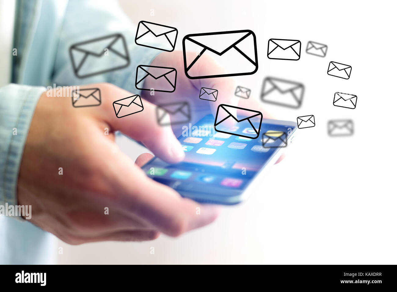 Concept view of sending email on smartphone interface with message icon ...