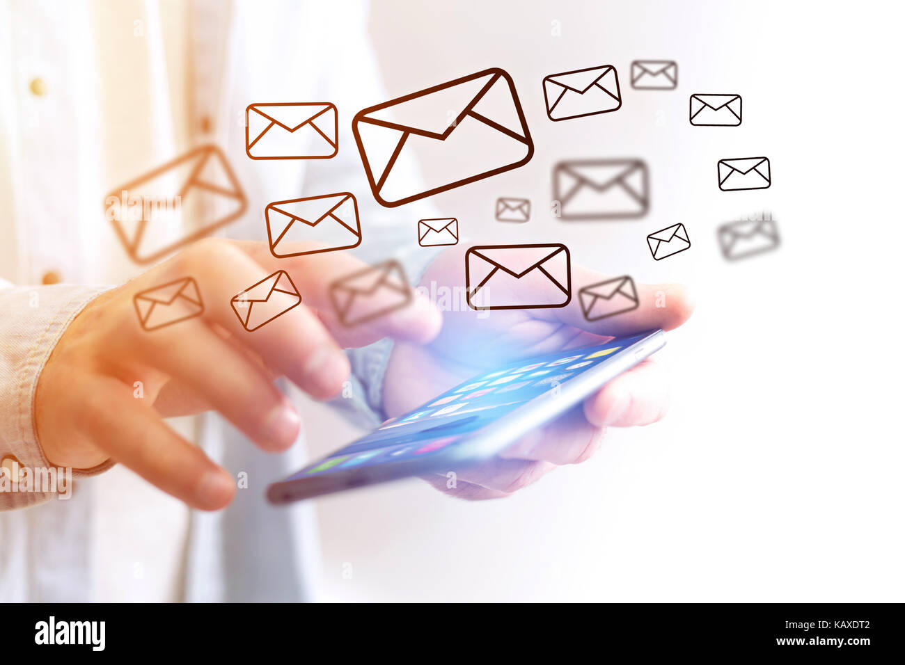 Concept view of sending email on smartphone interface with message icon ...