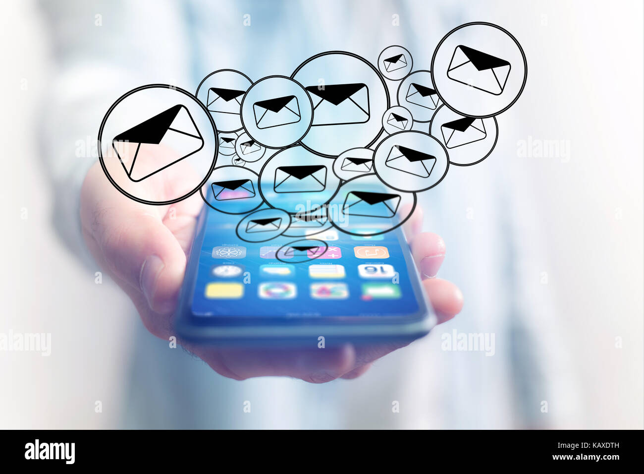 Concept view of sending email on smartphone interface with message icon ...