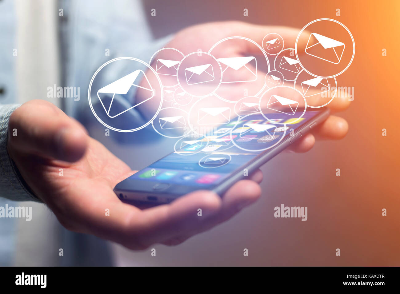 Concept view of sending email on smartphone interface with message icon ...