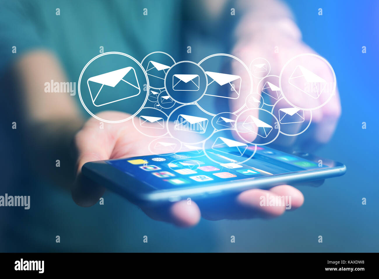 Concept view of sending email on smartphone interface with message icon ...