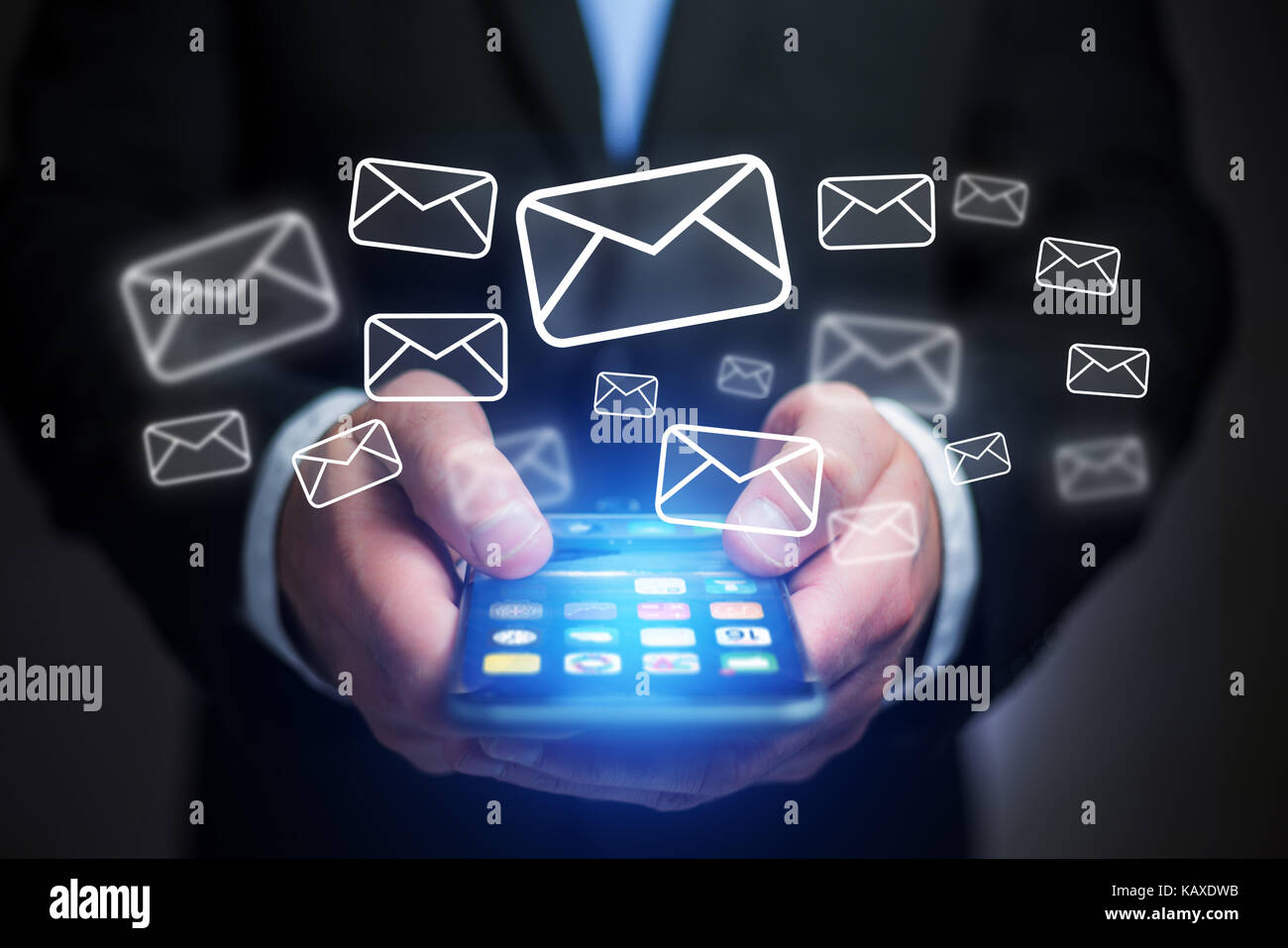 Concept view of sending email on smartphone interface with message icon ...