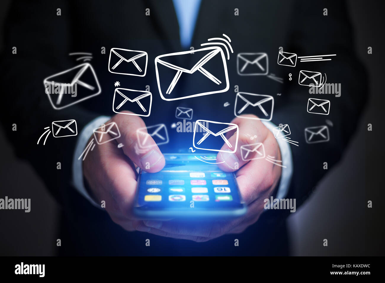 Concept view of sending email on smartphone interface with message icon ...