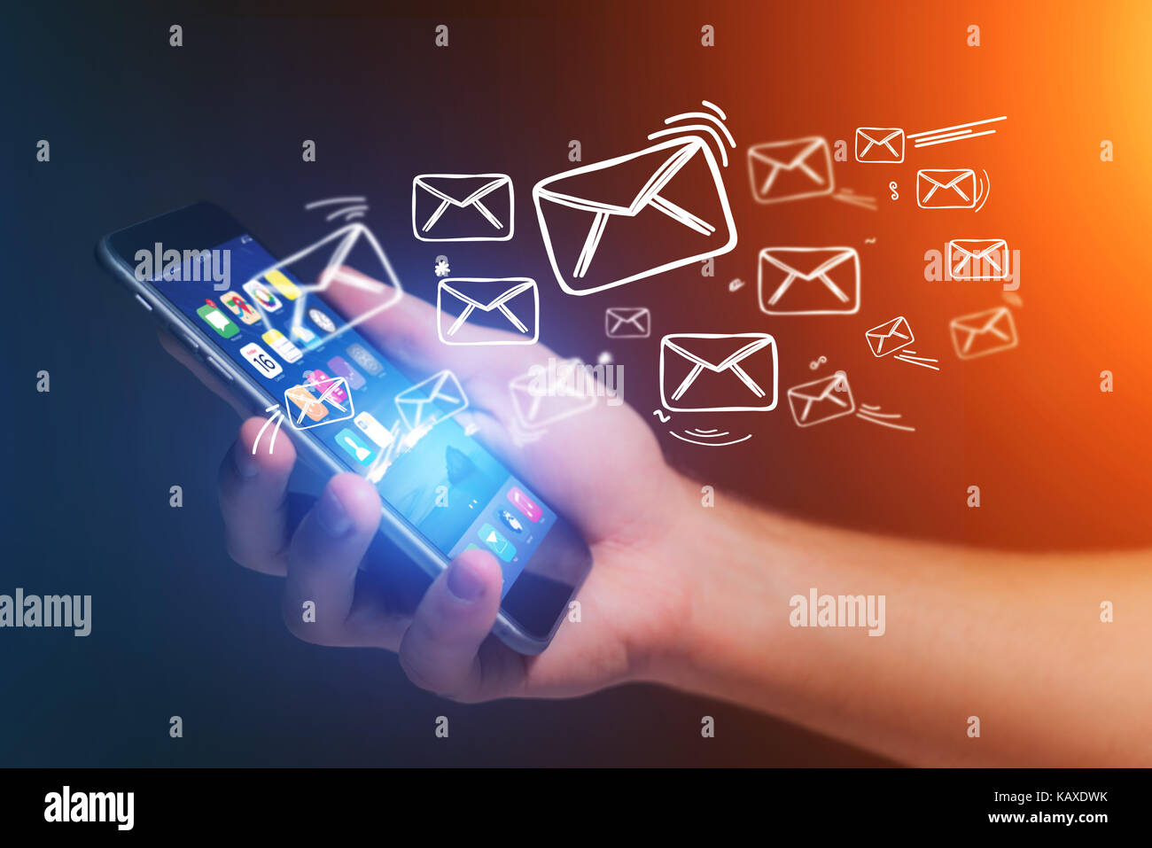 Concept view of sending email on smartphone interface with message icon ...