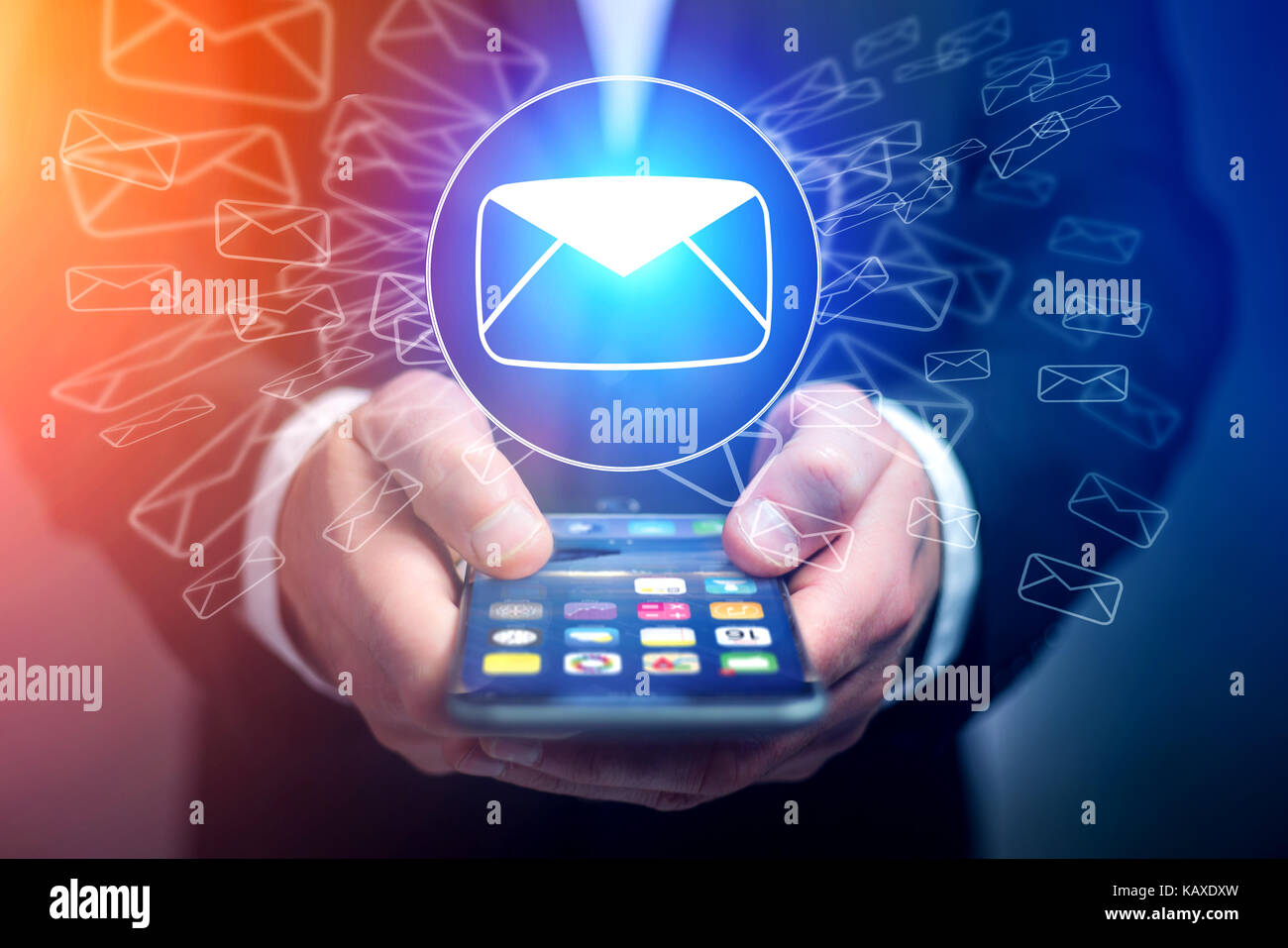 Concept view of sending email on smartphone interface with message icon ...