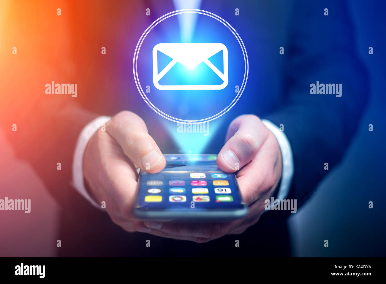Concept view of sending email on smartphone interface with message icon ...