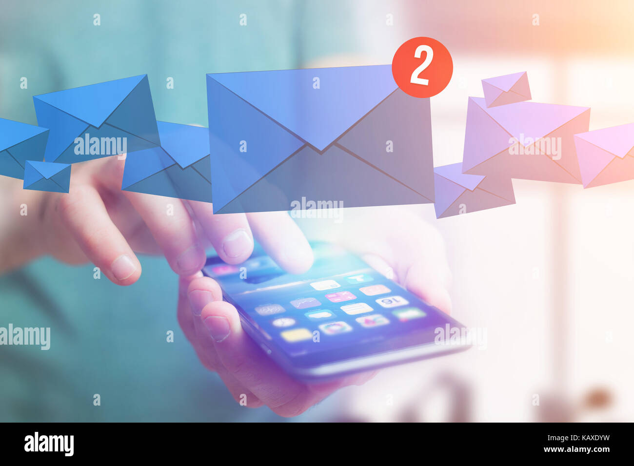 View of Social network message going out a smartphone - technology ...