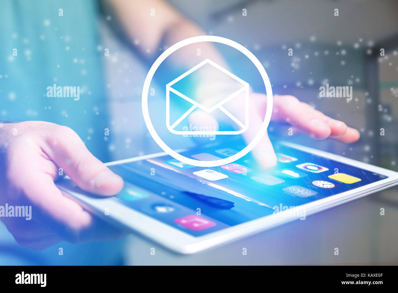 View of a Email icon going out a tablet interface - technology concept ...