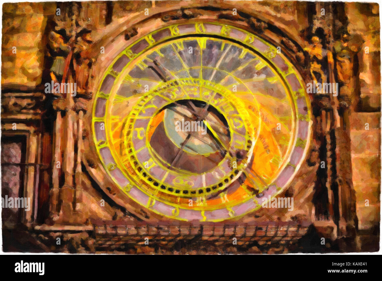 oil painting of the medieval astronomical clock in the Old Town square ...