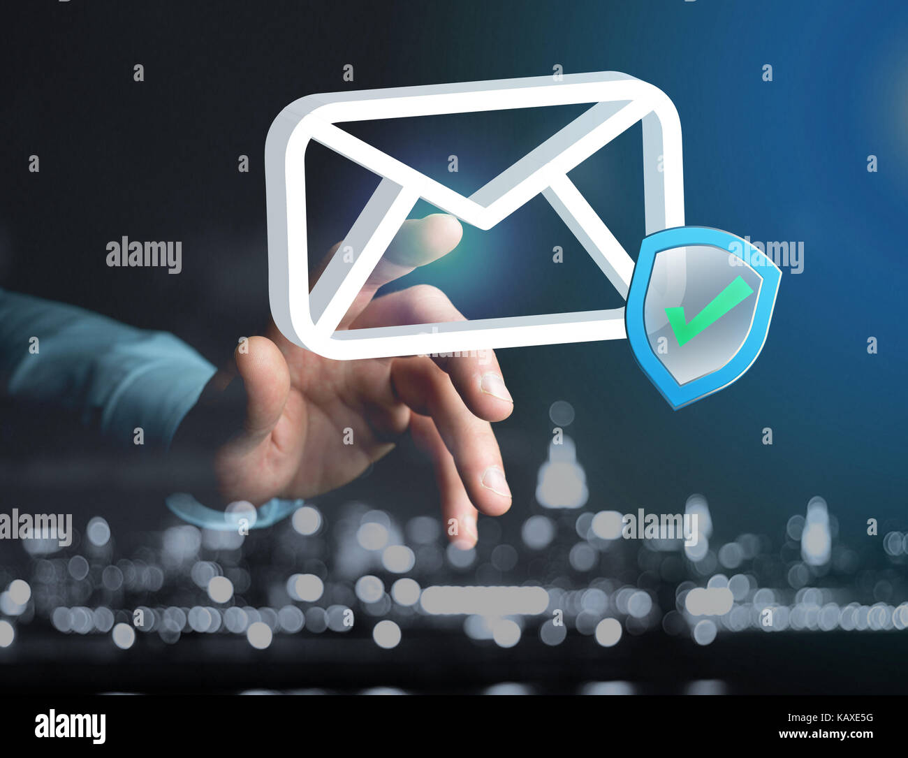 View of a Approved and verified Email symbol displayed on a futuristic ...