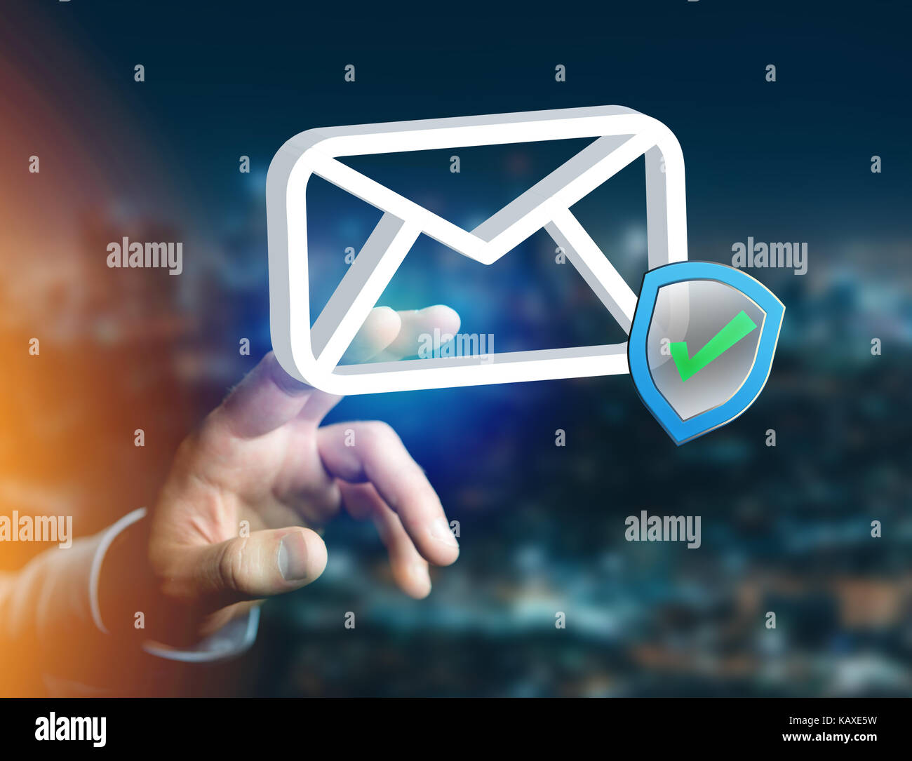 View of a Approved and verified Email symbol displayed on a futuristic ...