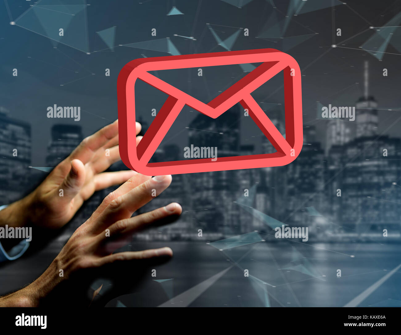 View of a Red Email symbol displayed on a futuristic interface ...
