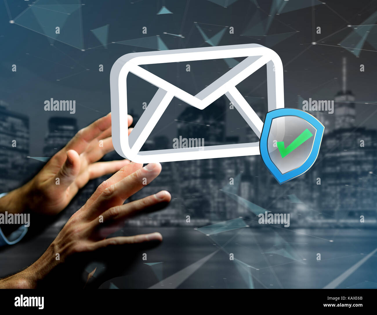 View of a Approved and verified Email symbol displayed on a futuristic ...