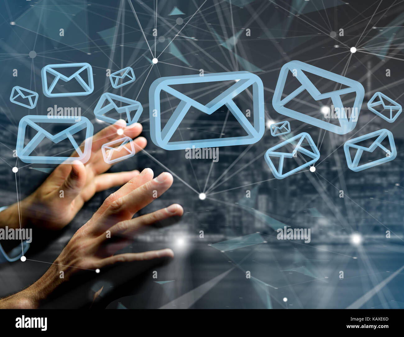 View of a Blue Email symbol displayed on a futuristic interface ...
