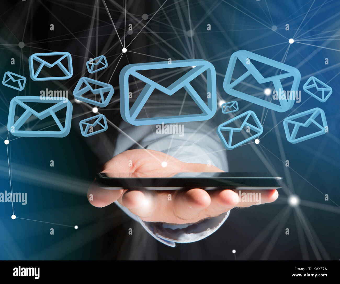 View of a Blue Email symbol displayed on a futuristic interface ...