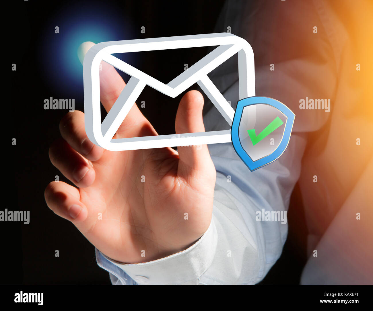 View of a Approved and verified Email symbol displayed on a futuristic ...