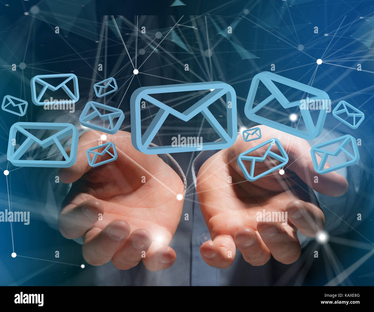 View of a Blue Email symbol displayed on a futuristic interface ...