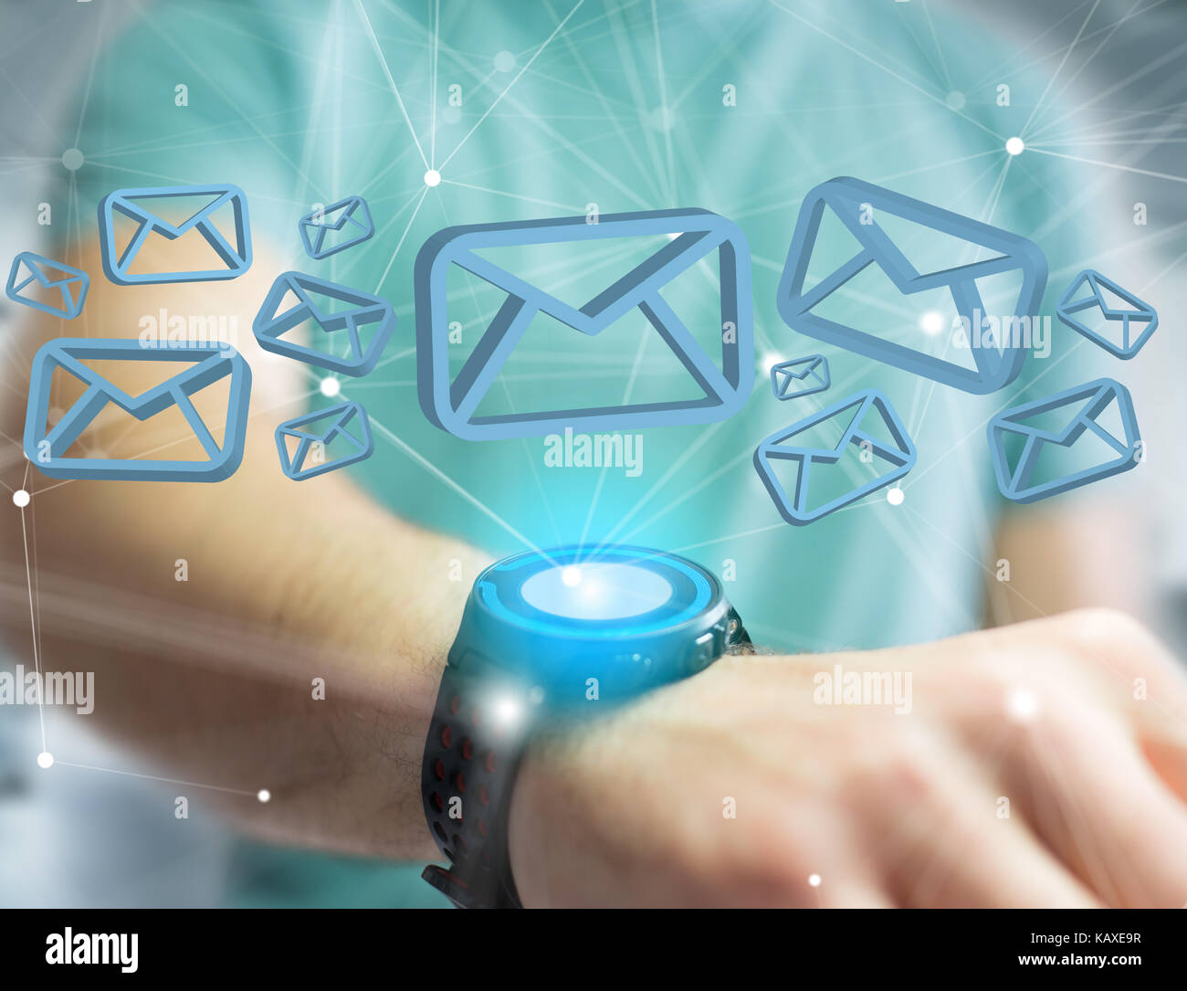 View of a Blue Email symbol displayed on a futuristic interface ...