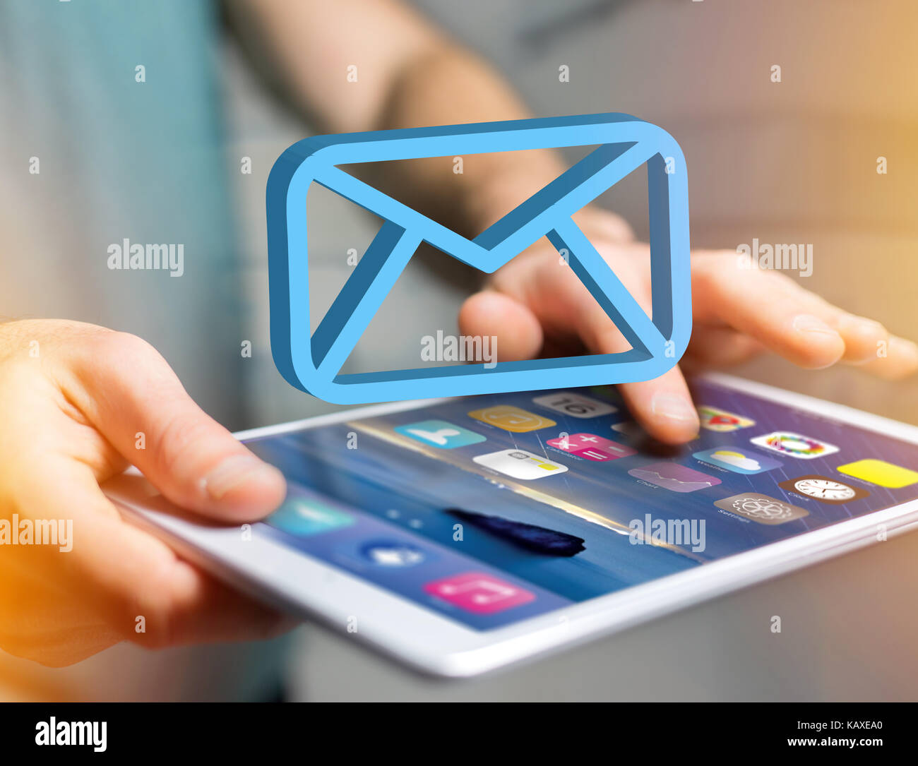 View of a Blue Email symbol displayed on a futuristic interface ...