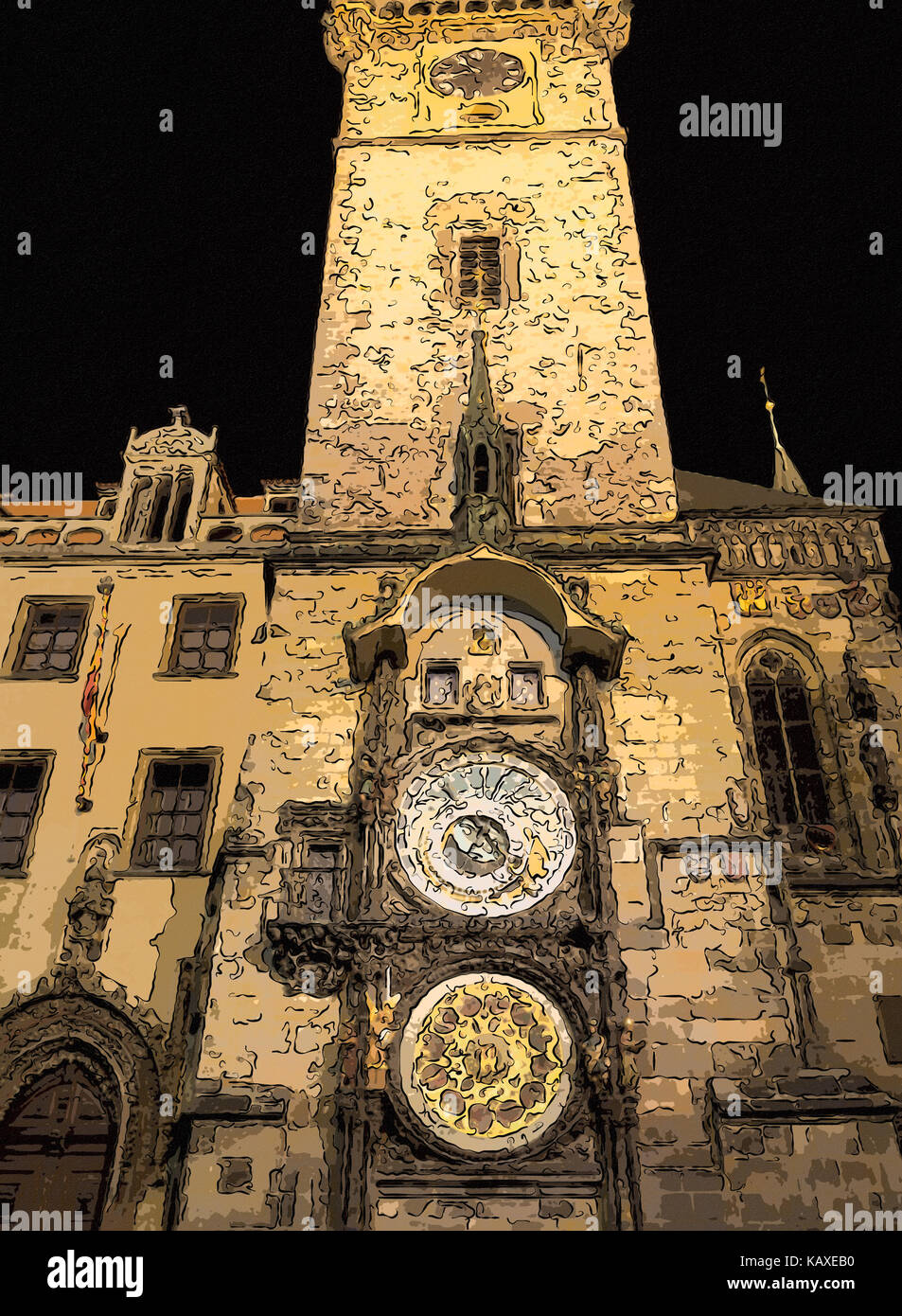 oil painting of the medieval astronomical clock in the Old Town square ...